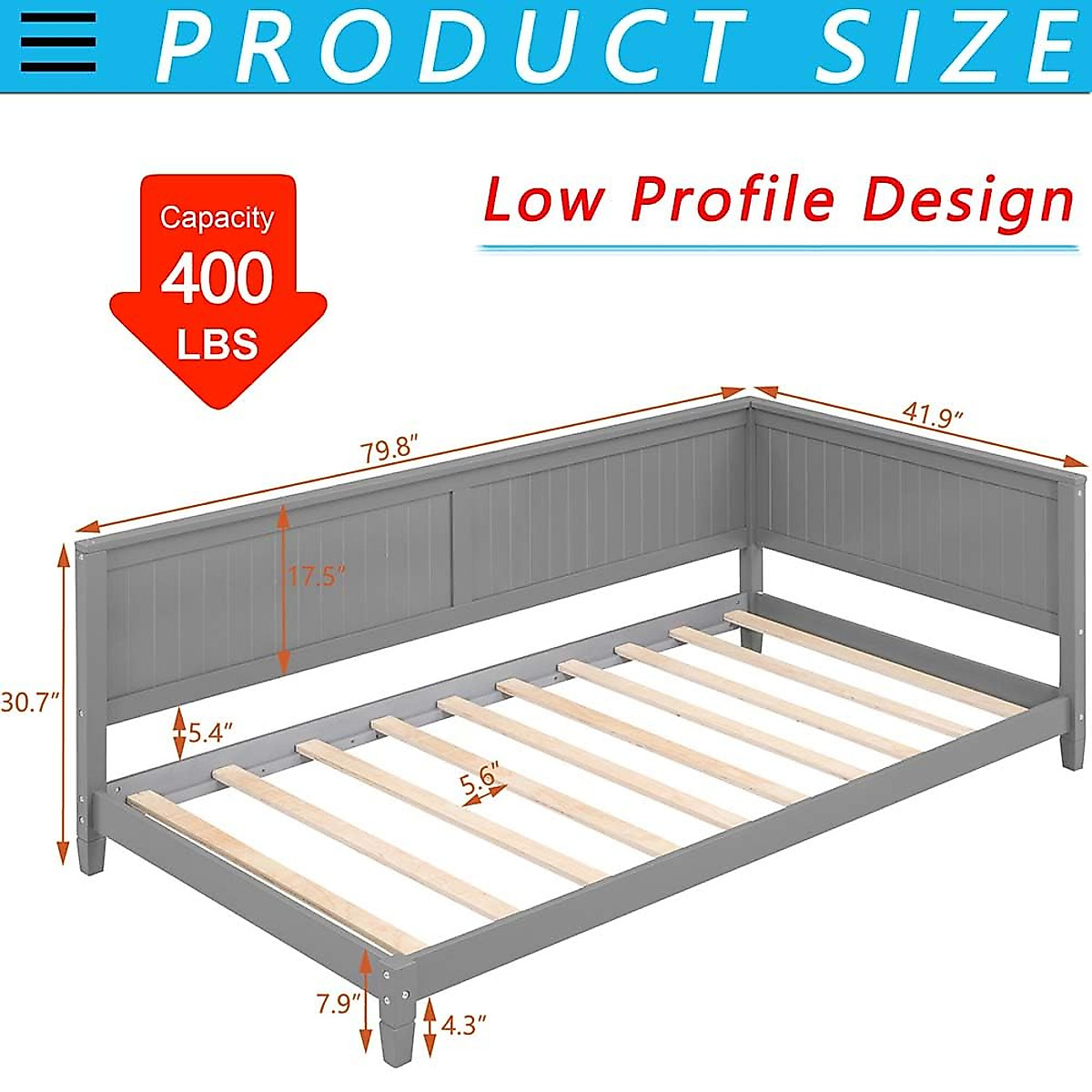 Anwick Wood Daybed Frame,Twin Bed Frames with Headboard and Back,Low Profile Day Bed with Solid Wood Slat Support for Toddlers,Kids,Teens,Adults,Easy Assemble (Twin, Grey)