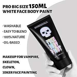 BOBISUKA 150ml Oil-Based White Face Body Paint Cream, 5.2Oz PRO Large Tube Clown White Washable Makeup Skull Joker Skeleton Face Painting for SFX Cosplay Halloween Costume Makeup Foundation