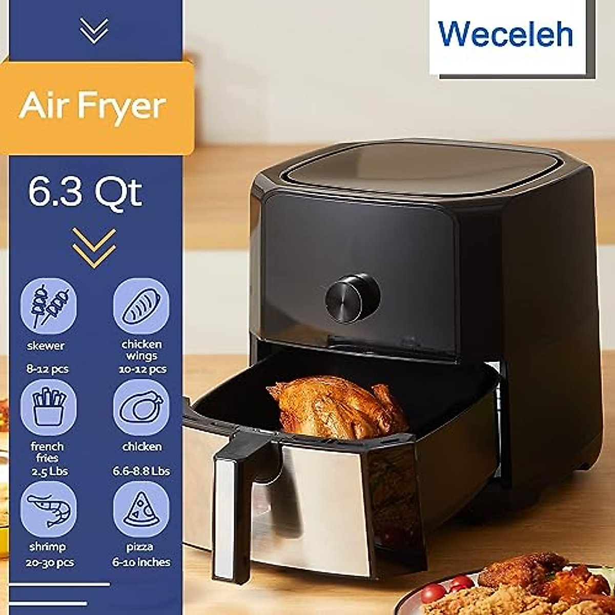 Weceleh Air Fryer, 6.3 Quart Large Toaster Oven, 9 in 1 Airfryer with Temperature Control & Timer Knob, Up to 392℉, LED Display, Oil-Free, Non Stick Basket, Auto Shut Off Feature, Black, 1700W