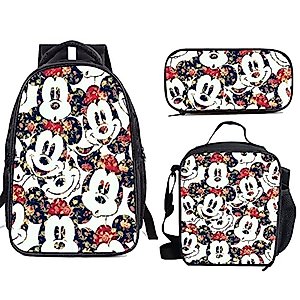 Funny Mic.key Mouse 3Pcs Backpacks School Bags Set Boys Girls Student Bookbag 16 Inch Teens Laptop Backpack with Lunch Bag Pencil Case