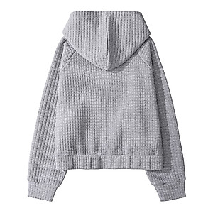 Gihuo Hoodies for Women Casual Waffle Cropped Sweatshirt Long Sleeve Drop Shoulder Drawstring Pullover Trendy Tops 2 Pockets (LightGrey-M)