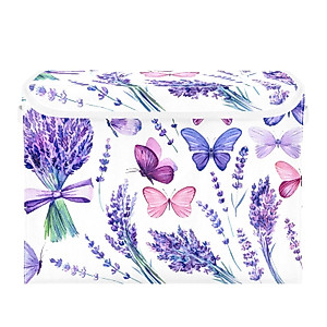 MFTJYO Storage Bin with Lid Purple Lavender Butterfly Foldable Storage Box Washable Fabric Storage Cubes Bin Organizer Basket Closet for Home Bedroom Closet Nursery Office