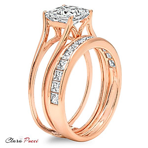 2.28 ct Princess Cut Clear Simulated Diamond 14k Rose Gold Solitaire W/Accents Wedding Engagement Bridal Ring Set Sz 3.5