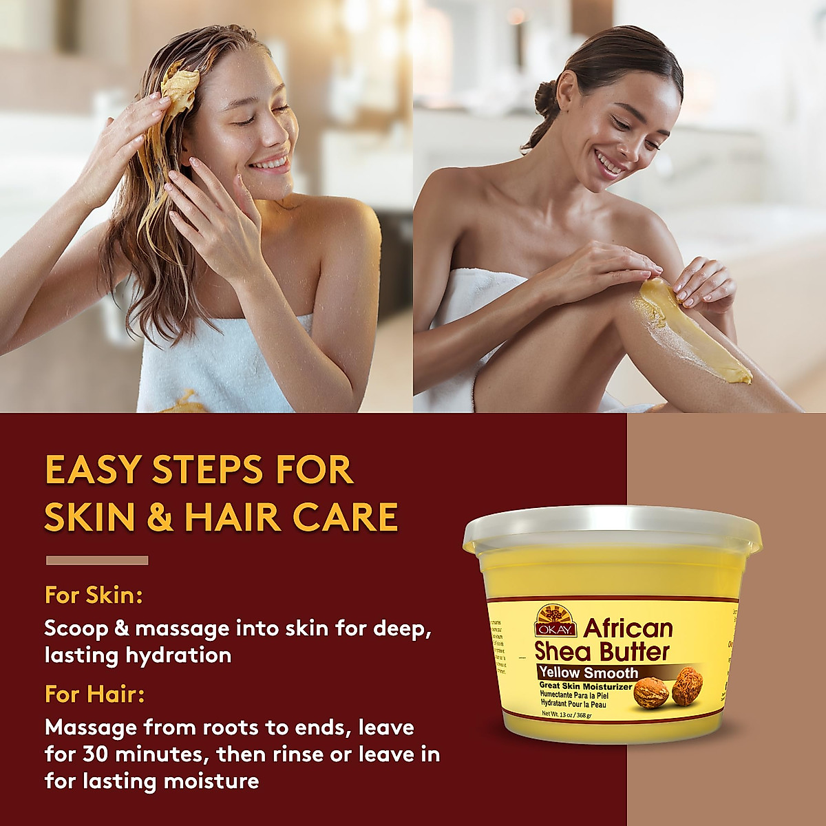 OKAY Yellow Shea Butter for Hair and Skin - Raw African Shea Butter for Women and Men, Daily Moisturizer for Face and Body, Helps with Stretch Marks, Soothes Dryness - 13 Oz Jar (Pack of 1)