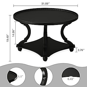 Wnutrees Farmhouse Round Coffee Table, Rustic Circle Coffee Table with Wood Tray Top for Living Room, Boho Coffee Table with Storage Shelf, Handcrafted Finish,Black