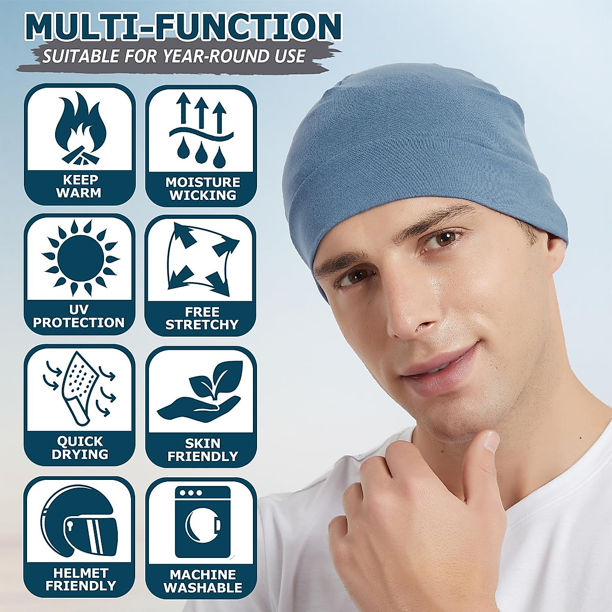 Headshion Cotton Skull Caps for Men Women,2-Pack Lightweight Beanie Sleep Hats Breathable Helmet Liner Navy Blue,Denim Blue