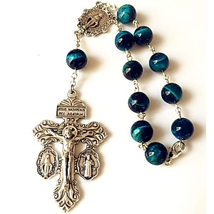 elegantmedical Handmade Peacock bule Tiger Eye Jade Beads car rosary catholic Prayer one Decade Rosary Bracelet Pardon Crucifix Cross Gift