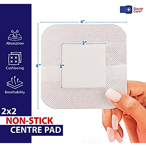 GauzeCare Island Dressing 4x4 inch 28 Pcs| Individually Packed Sterile Pouches| 2x2 Non-Stick Pad in Center with Acrylic Adhesive Borders| Water-Resistant Adhesive Pads for Wound Care and Dressing