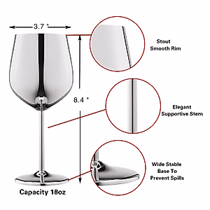 WOTOR Stainless Steel Wine Glasses Set of 2, 18oz Unbreakable Metal Wine Glass, Silver Wine Goblets for Outdoor, Ideal Gift for Wine Lovers (Silver)