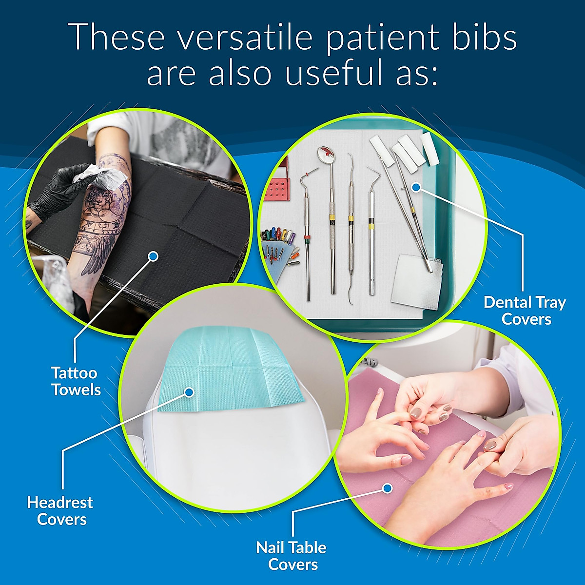 Avalon Papers Bibs/Towels, Blue, 13" x 18" (Pack of 500) - Waffle Embossed - 2-Ply Tissue - Poly Back Dental Bib to Prevent Leak Through - Dental Consumables (1053)