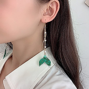 Sequins Mermaid Tail Earrings For Women Fantasy Ocean Princess Earrings Tassel Earrings Creative Ear Hook Translucent Fishtail Pendant Pearl Earrings
