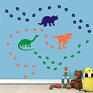 Creative Dinosaur Wall Decals, DIY Adorable Animal Dinosaur Footprints and Paw Print Wall Sticker for Kids Room Classroom Decoration, Orange,Blue,Yellow,Green (74 Pcs)