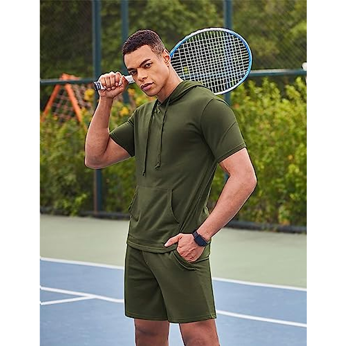 COOFANDY Mens 2 Piece Short Sleeve Hooded Athletic Tracksuit Casual Sports Sweatsuit Workout Gym Hoodie and Shorts Set
