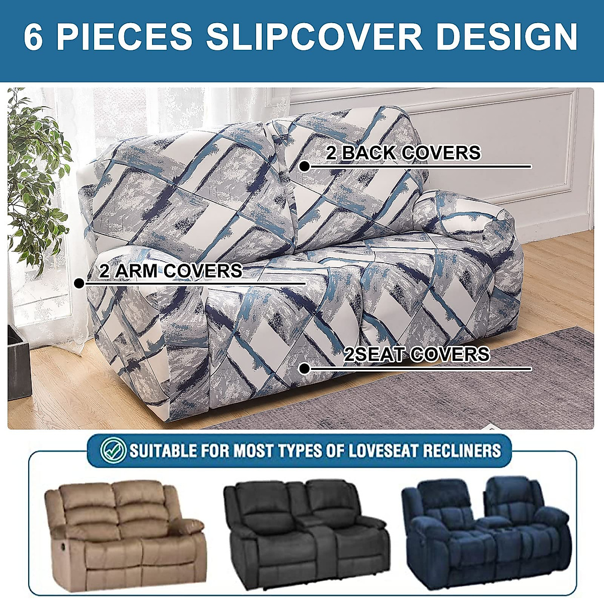 CRFATOP Stretch Recliner Loveseat Slipcover with Pockets 6 Pieces Dual Sectional Recliner Sofa Covers for 2 Seat Reclining Loveseat Couch Cover Washable Furniture Protector for Kids,11