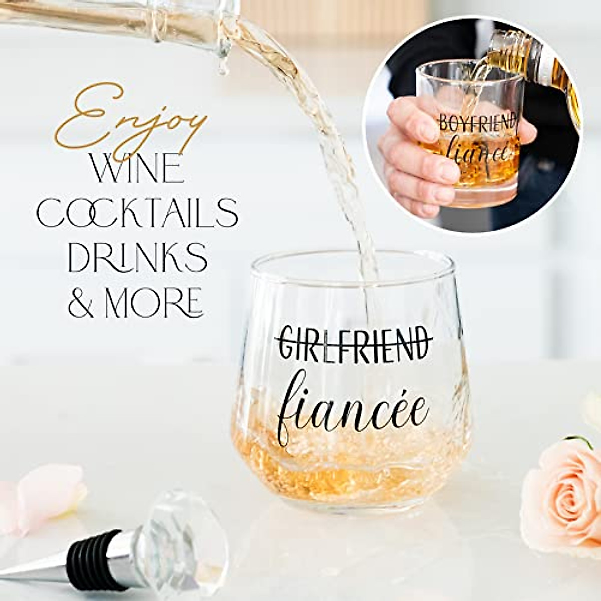 Newlywoo Engagement Gifts for Couples - Boyfriend Girlfriend Wine and Whiskey Glass Fiance Gifts for Him and Her - Newly Engaged Unique Glasses with Diamond Wine Stopper