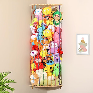 Stuffed Animal Storage Toy Storage Organizer, Wood & Rainbow Elastic Rope Plushies Organizer toy net Adjustable Length Stuffed Animal hammock Corner, Large Kids Furniture for Nursery Playroom Bedroom