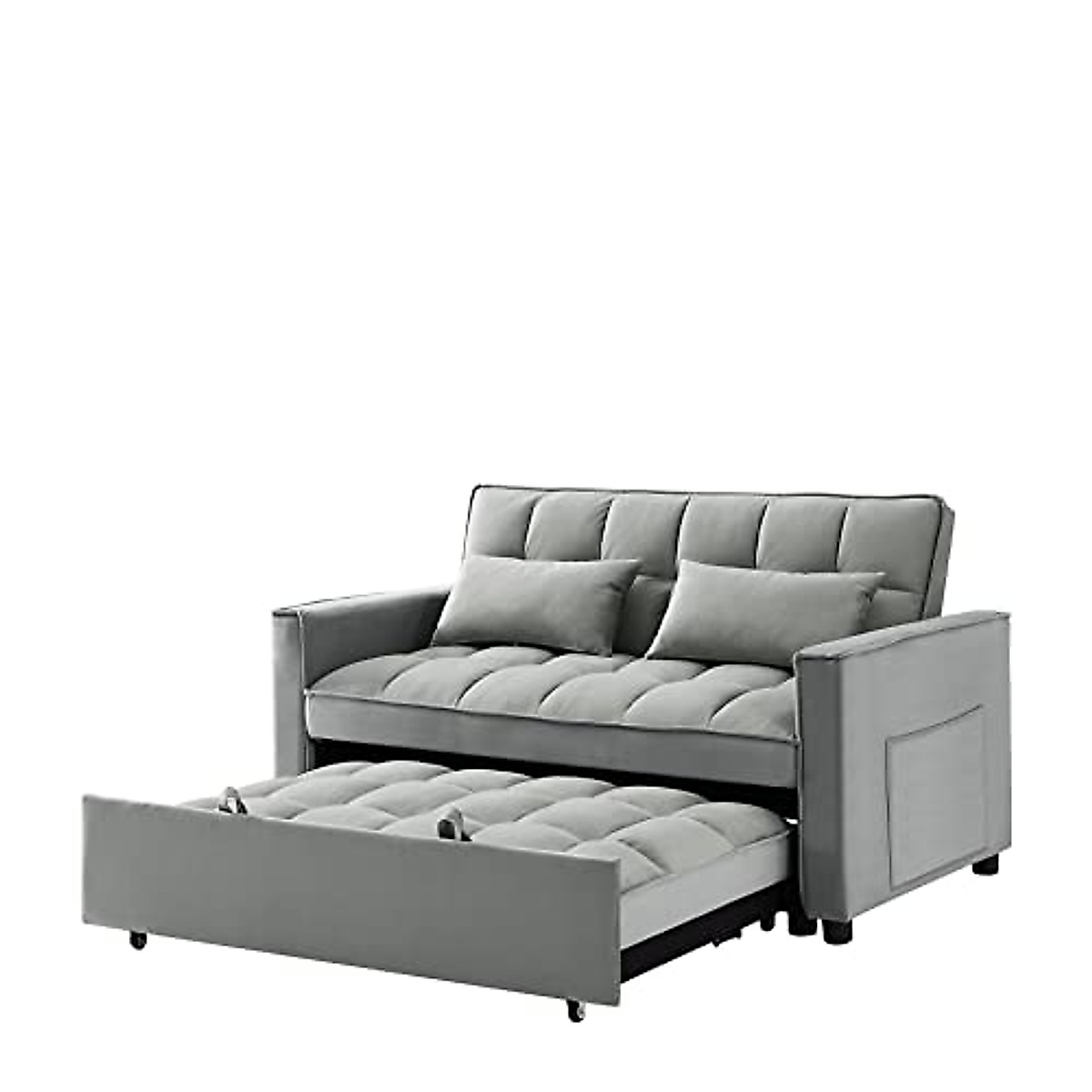 FULife Bed Convertible Sofa Pull-Out Sleeper, Loveseat Futon Sofá Chair w/Adjustable Reclining Backrests,Side Pockets&2 Pillows,Velvet Small Love Seat Lounge Couch, Grey-b