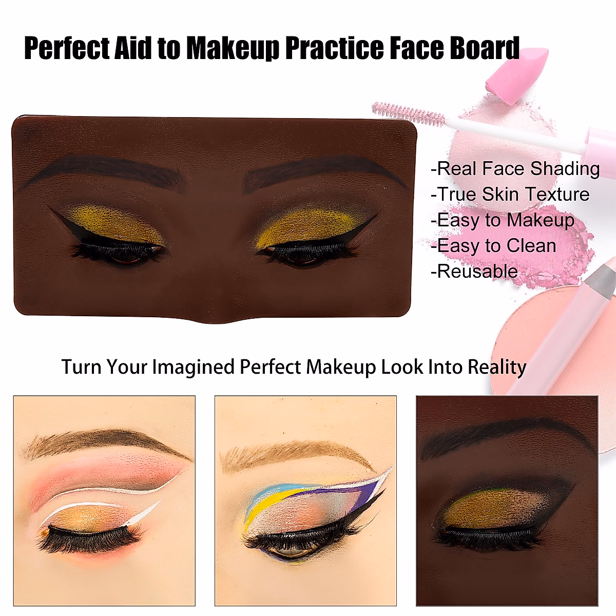 GFPGYQ 3D Eye Makeup Face Practice Board, Perfect Aid to Makeup Practicing Face Board, Reusable Silicone Face to Practice Makeup Mannequin for Beginners to Practice Eyesmakeup Kit (Black)