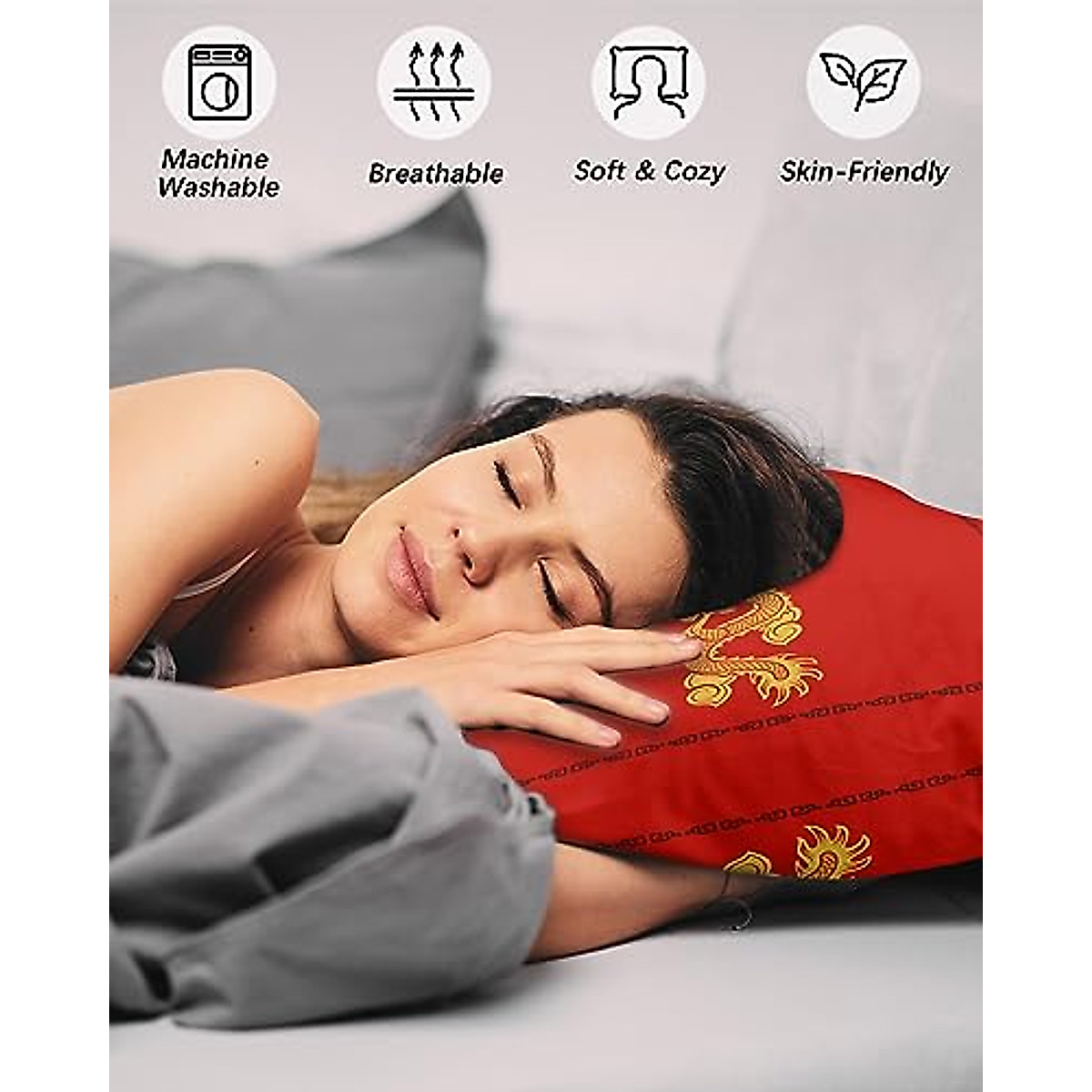 Edwiinsa Oriental Dragon Pillow Covers King Standard Set of 2 Bed Pillow, Plush Soft Comfort for Hair/Skin Cooling Pillowcases with Envelop Closure 20x36 Inches Traditional Chinese Happy New Year Red