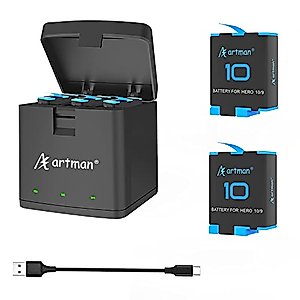 Artman Hero 10/11/9 Batteries 1800mAh(2-Pack)and 3-Channel USB Storage Quick Charger for Gopro Hero 11 Black, Hero 10 Black, Hero 9 Black, Fully Compatible with Gopro Hero 10 11 9 Battery and Charger