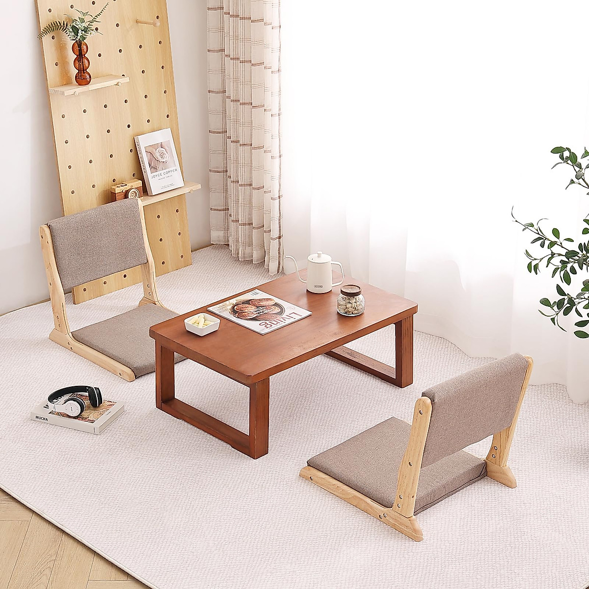 Tatami Chair Accent Furniture, Foldable Meditation Floor Chair, Folding Floor Chairs Seat, Portable Japanese Legless Chair, Back Rest Chair with Cushion, Wood Grey