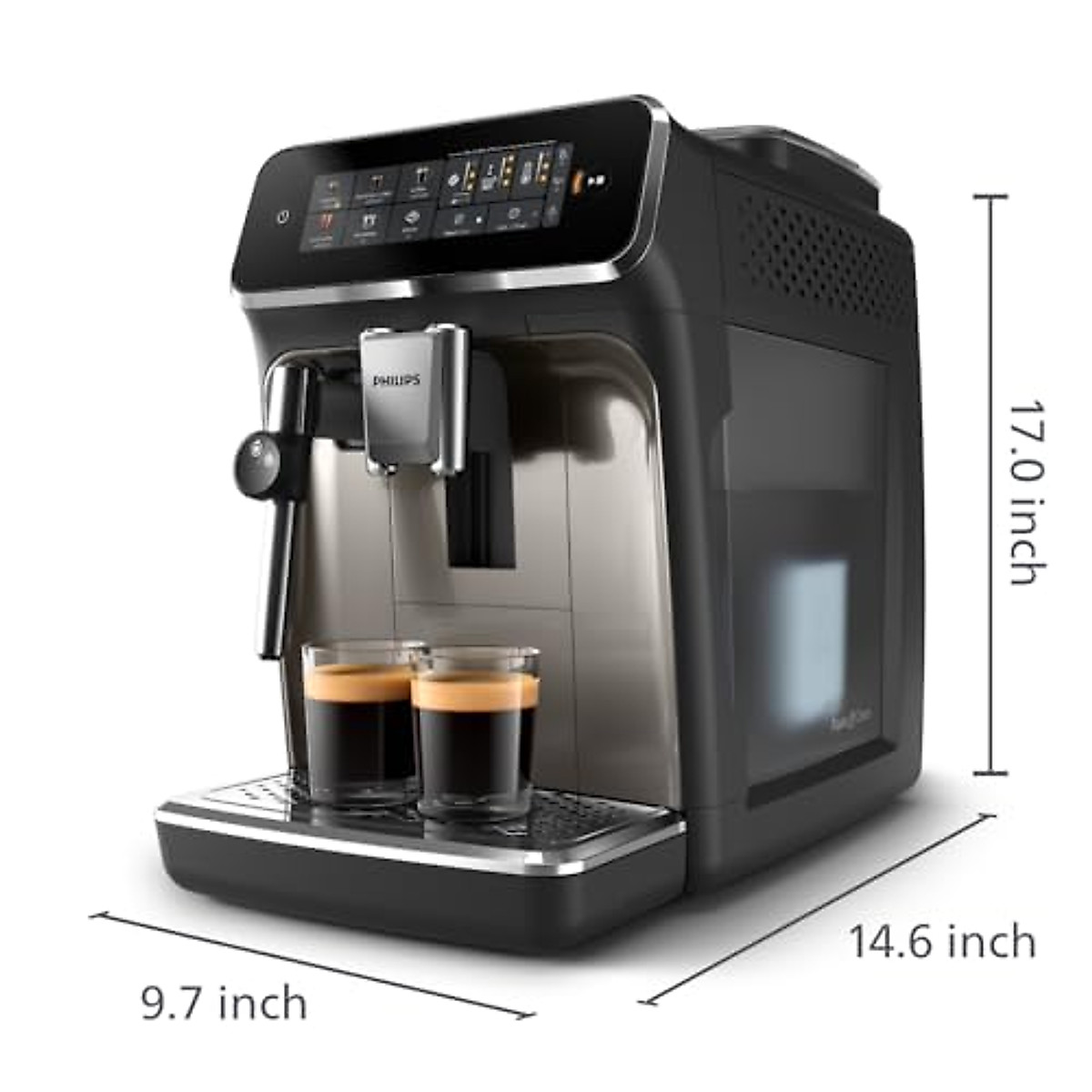 PHILIPS 3300 Series Fully Automatic Espresso Machine - 5 Hot & Iced drinks, 40% Quieter SilentBrew, Ceramic Grinder, Aquaclean Filter, Black Chrome (EP3326/90)