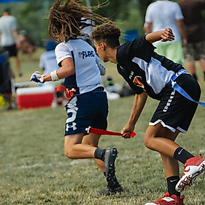 ANCKNE Flag Football Set, 2 Player Flag Football Belts for Kids/Youth/Adult, Includes 2 Adjustable Belts, 6 Flags, Strong Buckle Belt for Kids Players of Flag Football (3 Red & 3 Blue Flags)