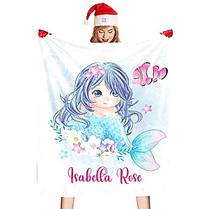 Custom Blanket Personalized Cute Mermaid and Fish Soft Fleece Throw Blanket with Name for Gifts Sofa Bed (50 X 60 inches)