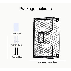 PAG 6 Pockets Hanging File Holder Wall Mount Mail Organizer Metal Chicken Wire Magazine Rack with Tag Slot, Black