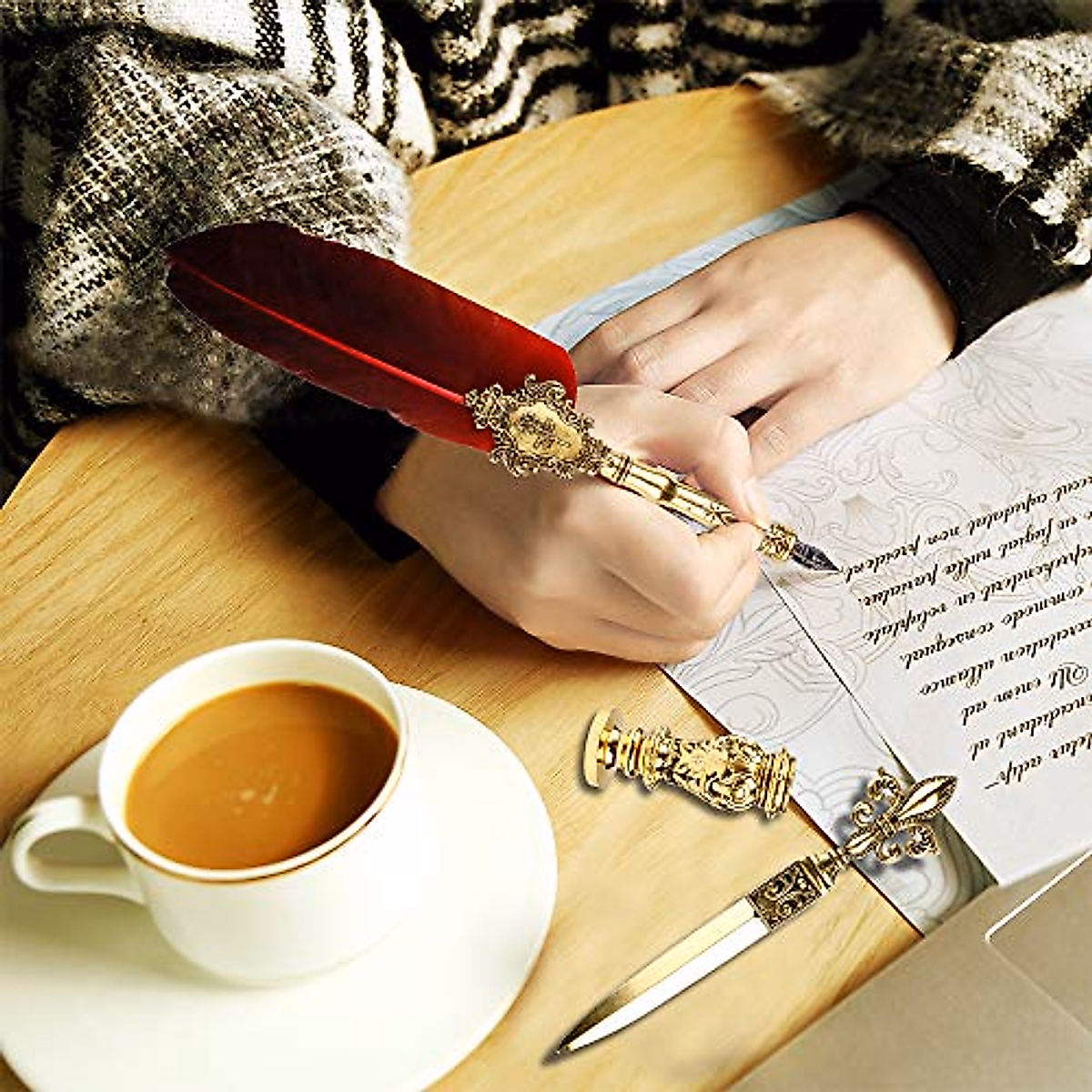 Feather Quill Pen and Ink Set,Writing Quill,Vintage Calligraphy Dip Pen Kit with 17Replacement Nibs,Wax Seal Sticks,Wooden Dip Pen,2 in 1 Seal Stamp Pen Nib Base,Envelope,Letter Opener