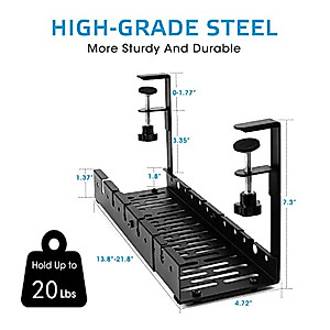 Under Desk Cable Management Tray, Adjustable 11.2" into 21.8" No Drill Wire Organizer, Cord Management with Cable Holder Ties for Office Home Desk Cable Hider