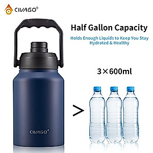 CIVAGO Half Gallon Insulated Water Bottle Jug with Handle, 64 oz Stainless Steel Sports Water Flask, Large Metal Canteen Growler, Black