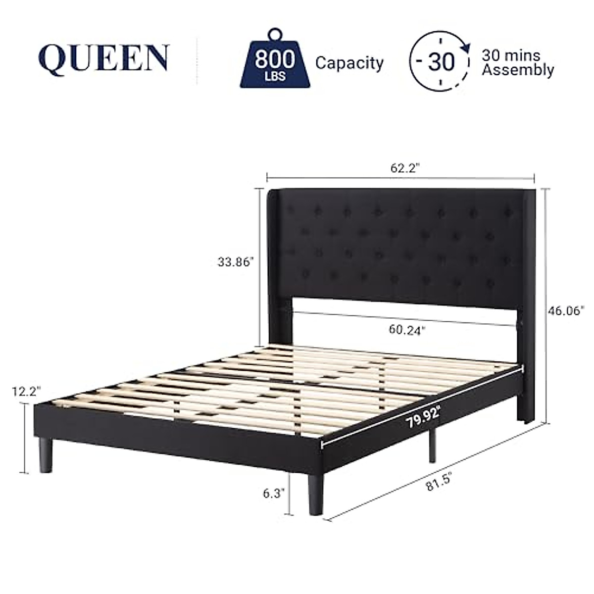 Allewie Queen Size Bed Frame with Button Tufted Wingback Headboard, Modern Upholstered Bed Frame with Solid Wooden Slats Support - No Box Spring Needed, Easy Assembly, Black