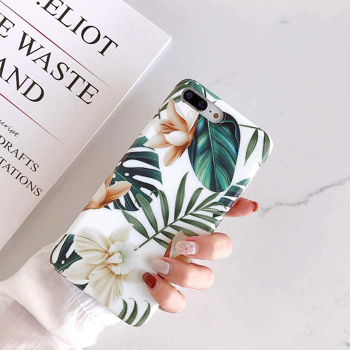 ooooops for iPhone 8 Plus Case, 7 Plus Case for Girls, Green Leaves with White&Brown Flower Pattern Design,Slim Fit Clear Soft TPU Full-Body Protective Cover for iPhone 7Plus 8Plus(Leaves&Flowers)