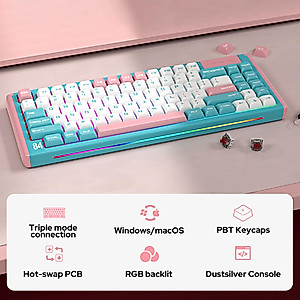 DUSTSILVER D84 Wireless 75% Cute Mechanical Keyboard with RGB, Hot Swappable, Bluetooth/2.4G/Type-C Connection, Gateron Red Switches for Smooth Typing