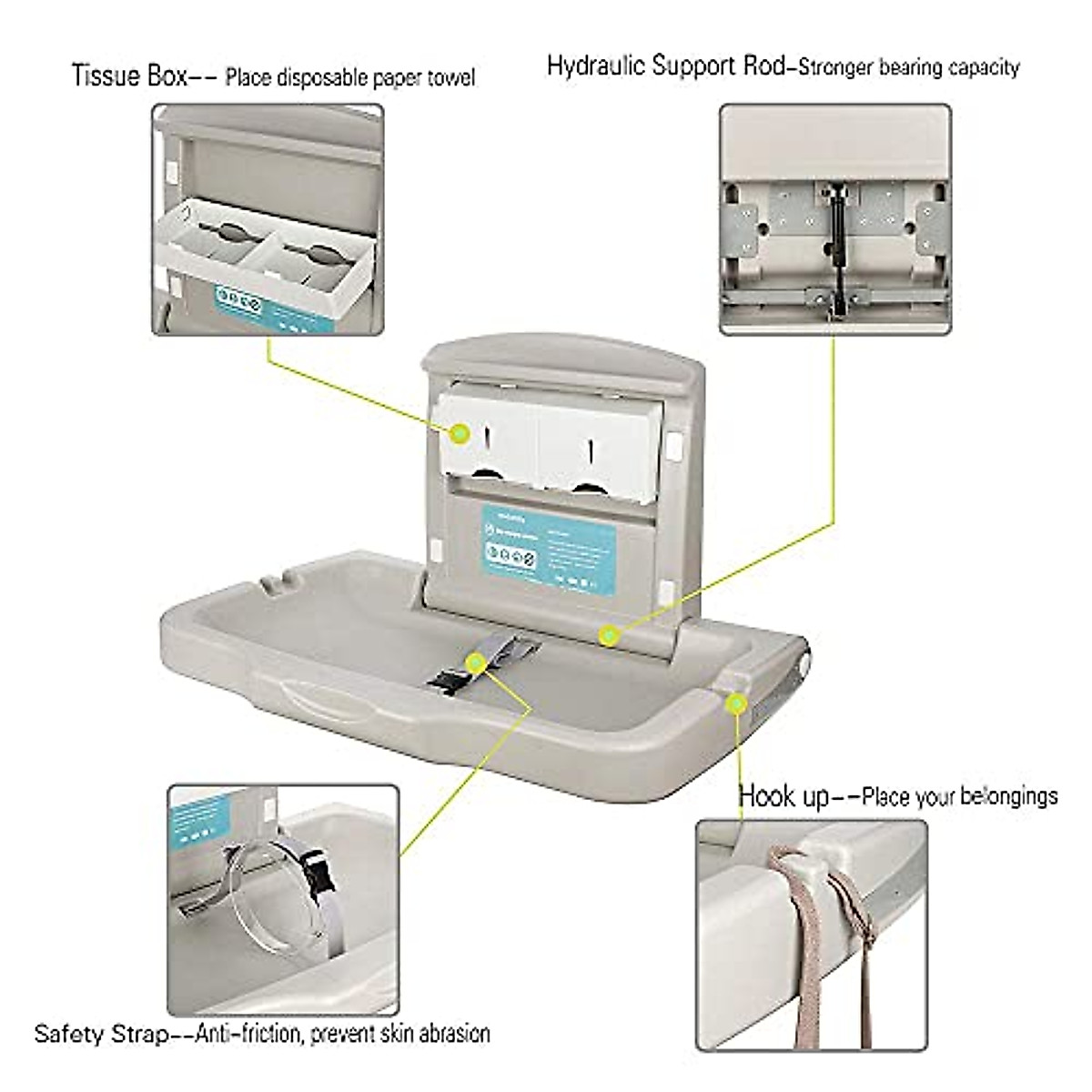 Modundry Fold-Down Baby Changing Diaper Station - Horizontal Wall Mounted, Sturdy & Durable with Safety Straps for Commercial Bathrooms(1 White Granite)