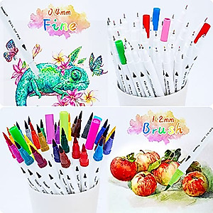 Dual Brush Marker Pens for Coloring Books, Tanmit Fine Tip Coloring Marker & Brush Pen Set for Journaling Note Taking Writing Planning Art Project