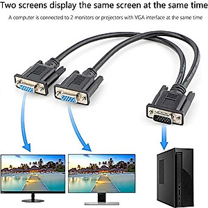 SAISN VGA Y Splitter Cable, VGA 1 Male to VGA 2 Female Adapter Cable Dual VGA Monitor Y Cable for Screen Duplication - 1 Feet, Black (No Screen Extension)
