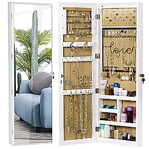 SZQINJI Jewelry Armoire Cabinet with Full-Length Mirror, Large Storage Jewelry Organizer, Wall/Door Mounted, Lockable, Pure White