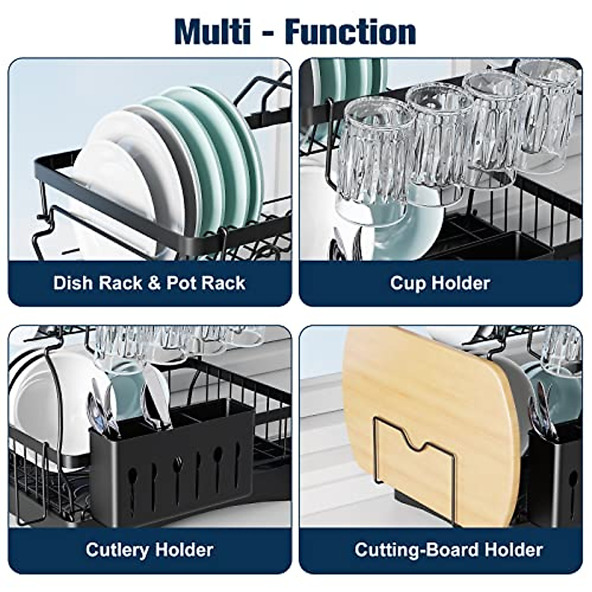 Aonee Dish Drying Rack, 2 Tier Dish Rack with Water Locking Function Drainboard, Pot Rack, Cutlery Holder, Cutting-Board Holder and Cup Holder, Rust-Proof Metal Large Dish Racks