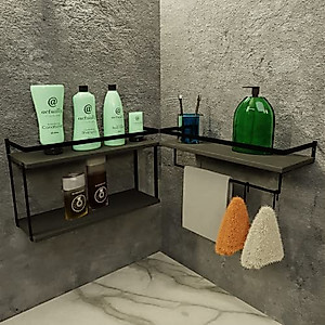 Wall Mounted Floating Shelves Set of 2 with Tissue Rack, Towel Bar & Hooks, Storage Rack for Bathroom, Kitchen, Livingroom, Bedroom & Garage - Black