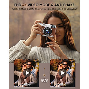 NEZINI 4K Digital Camera,Auto Focus 48MP Vlogging Camera for YouTube and Anti-Shake Video Camera with Viewfinder Flash & Dial,16X Zoom Travel Portable Camera with 32GB Card,2 Batteries