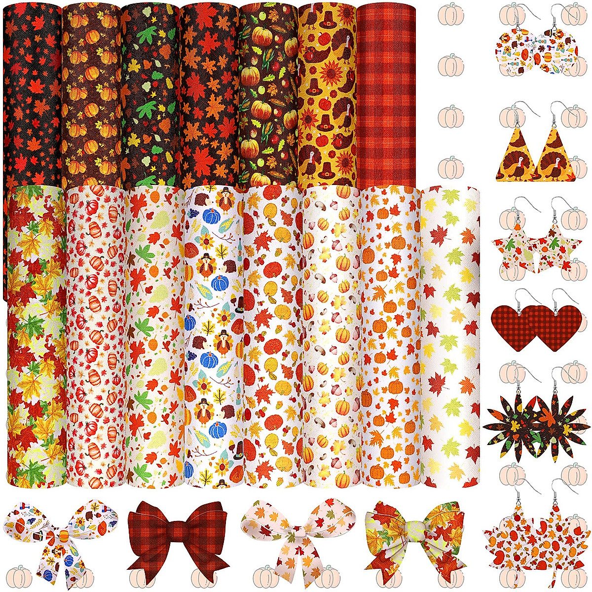 15 Pieces Fall Thanksgiving Faux Leather Sheet Autumn Theme Plaid Printed Artificial Leather Sheet Pumpkin Fall Leaves Pattern Synthetic Leather Sheet for DIY, 8.3 x 6.3 Inch