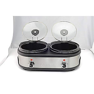 Courant Double Slow Cooker 2.5 Quart Crock each, 5.0 Quart Total Pots, with Individual Easy Cooking Options, Dishwasher Safe Stainproof Stoneware Pots and Glass Lids, Stainless Steel