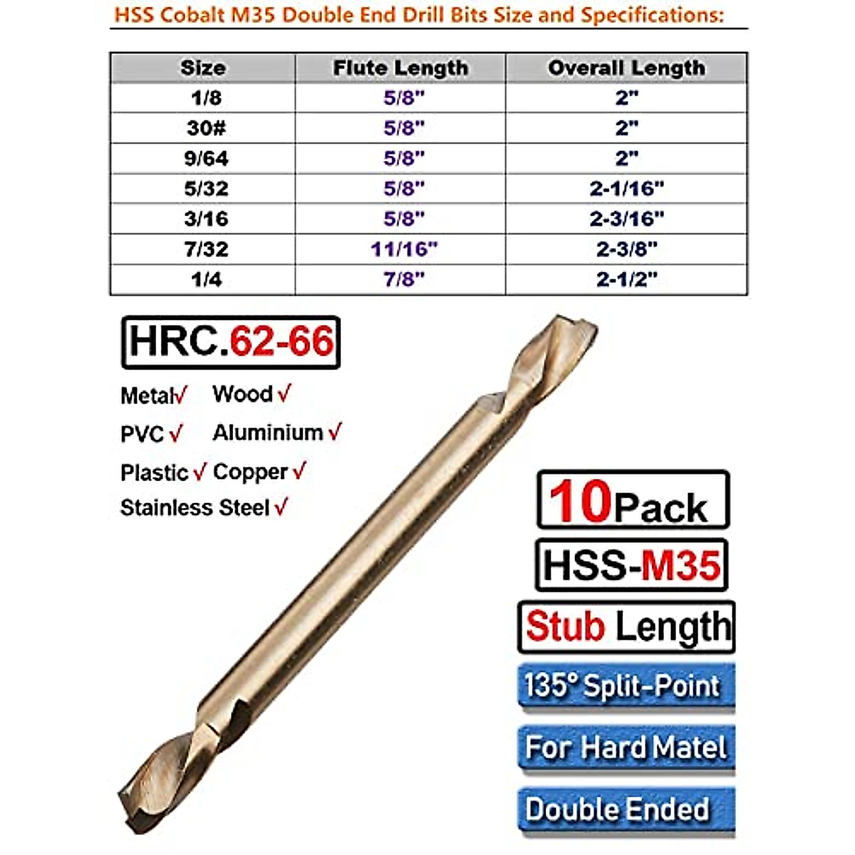 HSS Cobalt Drill Bit Double End 1/8 in. Stubby Body Drill Steel Metal Iron-10Pcs