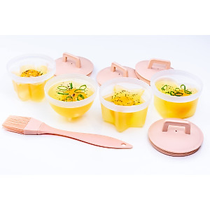 Egg poacher cups - microwave egg poacher - stovetop hard boiled egg mold – soft boiled egg holder - jello cups with lids – pink set of 4 + oil brush
