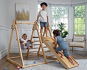 Avenlur 4-in-1 Juniper Indoor Play Gym - Jungle Gym Playset with Baby Swing, Slide, Ladder, and Climbing Wall - Foldable Wooden Playset - Indoor Jungle Gym for Kids Ages 18mo to 6yrs