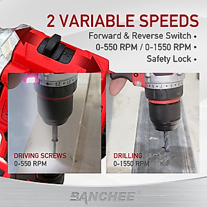 BANCHEE 20V Brushless Cordless Power Drill kit, 3/8 "keyless metal ratchet chuck, 23+1 Torque Settings with 2x1.5Ah Batteries and Charger, 2-Variable Speeds,27 Bit Set