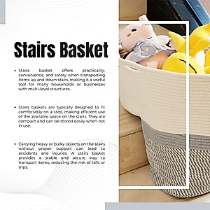 Rope Stair Basket for Carpeted and Wooden Stairs - Rope Basket with Handles - Cotton Rope Storage Basket - Collapsible Basket for Stairs With Felt Sheet Internal Support (Large, Cotton Rope Brown)
