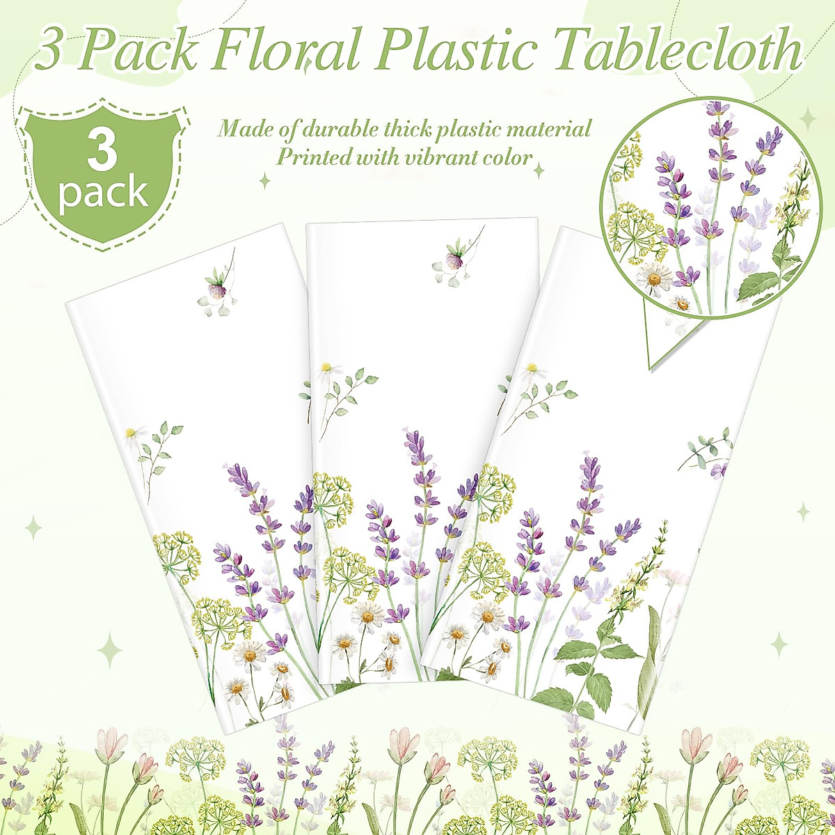 3 Pack Spring Floral Tablecloth, Summer Wildflower Plastic Table Cover for Rectangle Tables, Flower Holiday Disposable Table Cloth for Easter Birthday Picnic Wedding Tea Party Decorations, 54×108 Inch